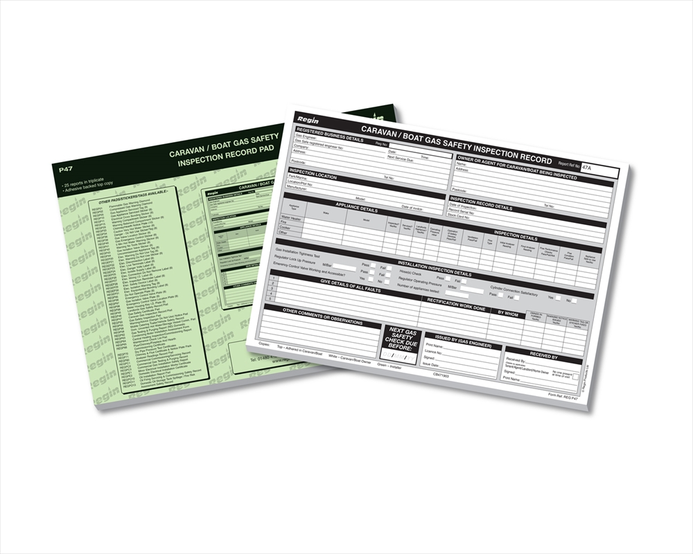 Caravan Gas Inspection Record Pad - Regin Products Ltd